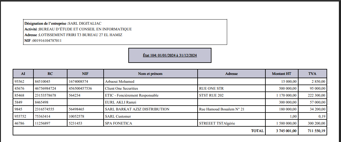 Etat 104: PDF et Excel Algérie | Odoo